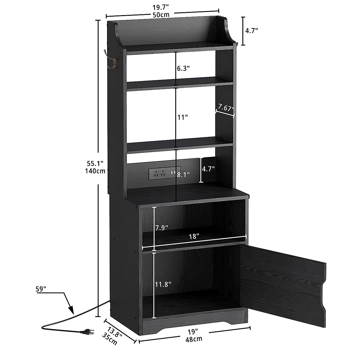 LIKIMIO Nightstand, 55" Tall End Side Table with Charging Station and Storage Cabinet, Small Bookshelf, for Living Room Office Bedroom, Vintage Black