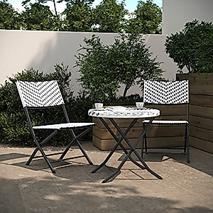 Flash Furniture Rouen Commercial Grade Folding Bistro Set, Indoor/Outdoor PE Rattan Table Top, Back and Seat, Black Steel Frames, 3 Piece Set, Black/White