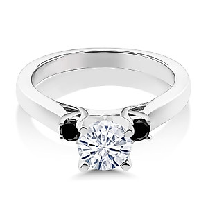 Gem Stone King 925 Sterling Silver White Moissanite and Black Diamond 3-Stone Engagement Ring For Women (0.93 Cttw, Round 6MM, Gemstone Birthstone, Size 9)