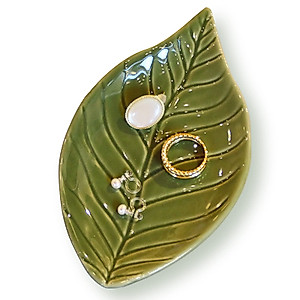 LZBALUYO Jewelry Dish Trinket Tray for Women, Ring Dish Holder, Unique Leaf Shape Ceramic Plate Cute Things Vanity Aesthetic Room Decor Mother's Day Birthday Christmas Warm House Gifts (Green)