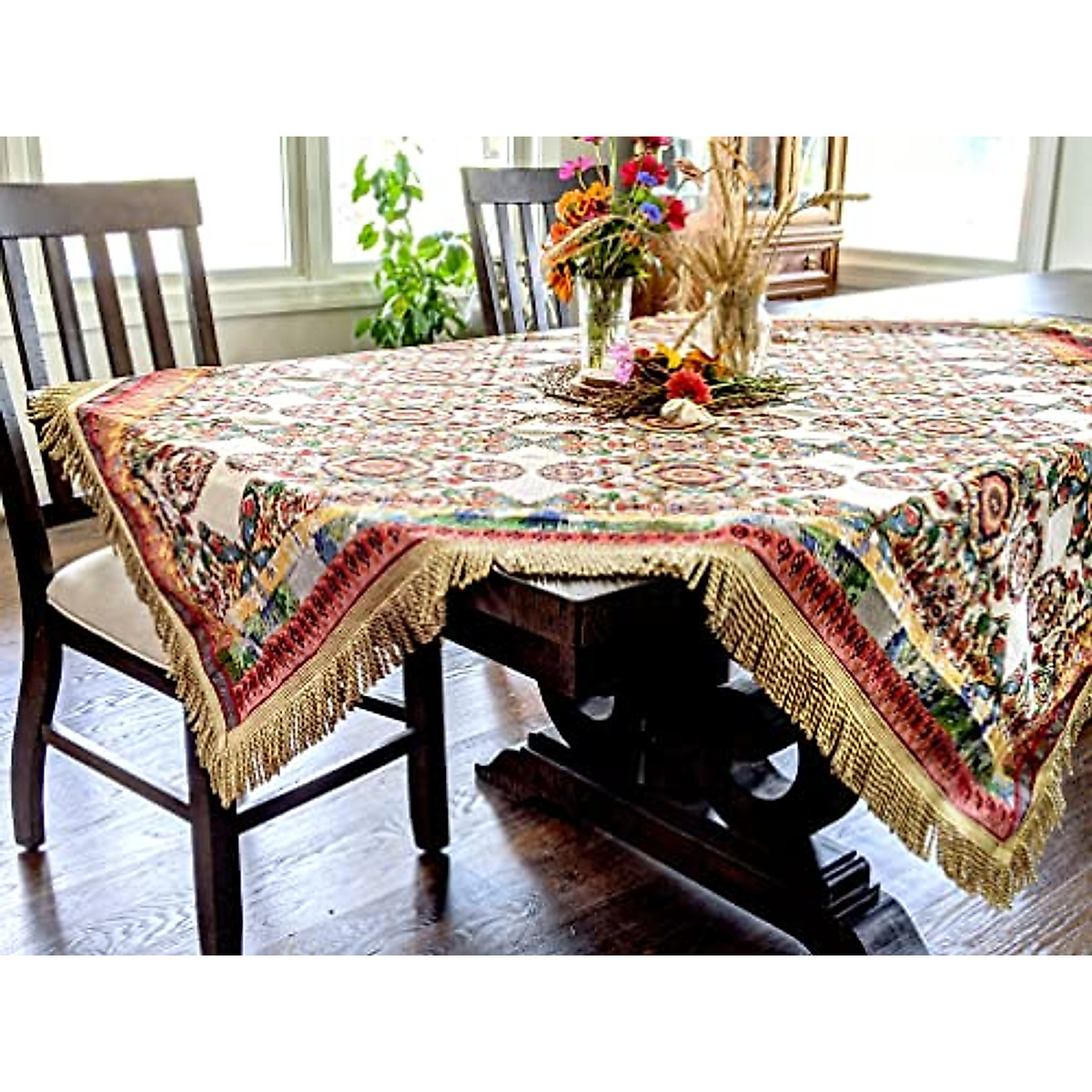 Tache Elegant Ornate Ivory Colorful Paisley Square Tapestry Table Cloth with Tassels, 35x35