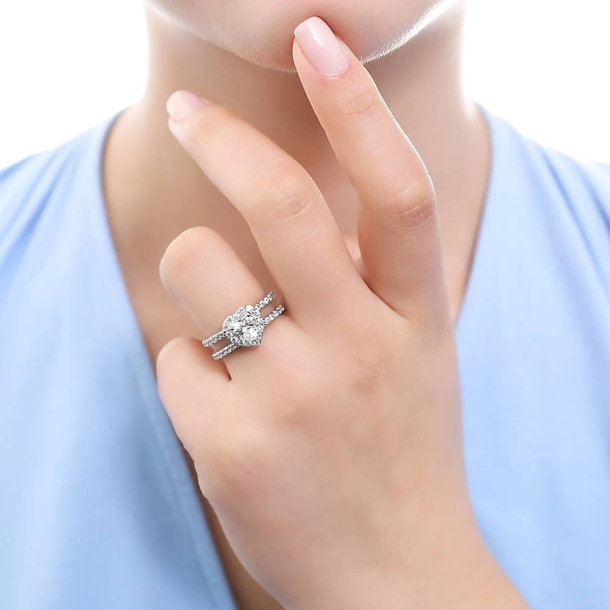 BERRICLE Sterling Silver Halo Wedding Engagement Rings Cubic Zirconia CZ Heart Insert Ring Set for Women, Rhodium Plated Size 9.5