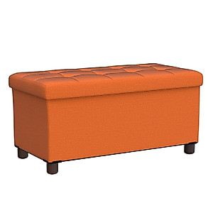Ao Lei 30 Inches Storage Ottoman Bench, Storage Bench with Wooden Legs for Living Room Ottoman Foot Rest Removeable Lid for Bedroom End of Bed, Linen Fabric, Orange