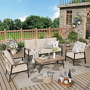 MIXPATIO 4 Piece Patio Furniture Set, All Weather Wicker Outdoor Sofa with 5.5" Cushions, 2 Fixed Chairs, 3-Seat Sofa with Wood Grain Coffee Table, Patio Conversation Set for Porch, Backyard, Beige