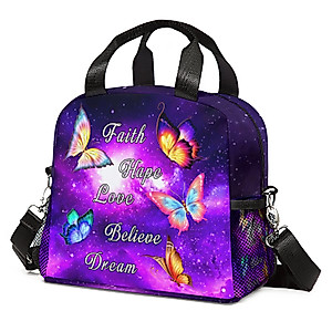 Wuetduz Purple Butterfly Cute Small Lunch Bag for Teen Girls with Strap Insulated Lunch Bag Large Capacity Reusable Lunch Bags for Adult Kids School Work Women