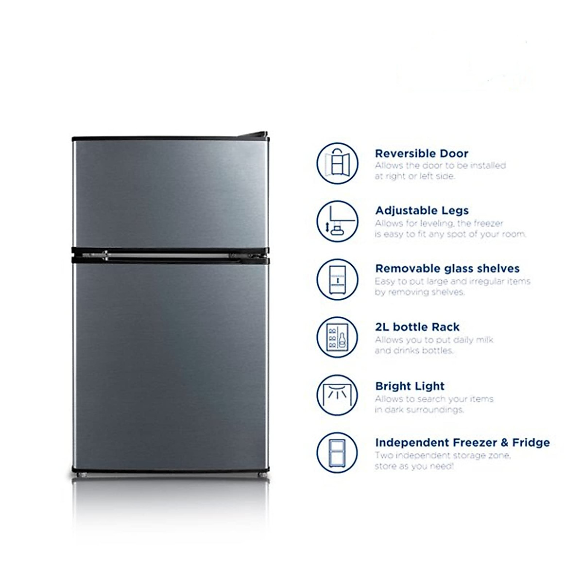 2 Door Mini Fridge, 3.2 Cu ft Compact Refrigerator with Freezer for Dorm Apartment Drinks Snacks Cooling (Stainless Steel)