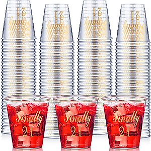 Roshtia 100Pcs 21st Birthday Shot Glass Finally 21 Plastic Shot Glass Disposable Shot Glass 2 oz Sample Cup Clear Plastic Shot Cup for Him Her Celebrate Twenty One 21st Birthday Party Supplies (Gold)