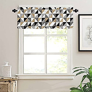 Kitchen Curtains, Simple Black and White Gold Triangle Pattern Valances for Windows, Bathroom Curtains Window 42x12in Short Curtains, Kitchen Window Curtains Over Sink, Rod Pocket Valance Curtains