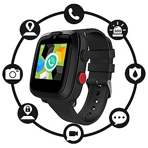 Emojikidz Kids Smartwatch with SIM Card - Ages 4-12 Years for Boys & Girls - GPS Tracking Locator SOS Alarm Remote Monitoring 2-Way Face to Face Call Voice & Video Camera Worldwide Coverage - Black