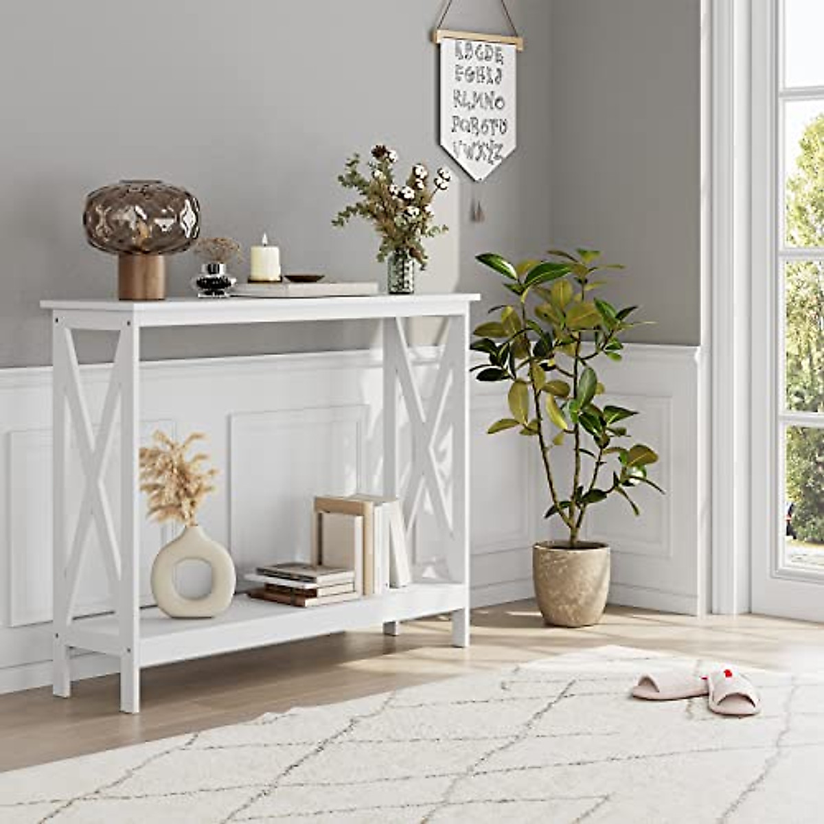 ITUSUT Console Sofa Table for Entryway with 2 Tier Shelves, Narrow Entryway Table for Living Room with Sturdy Engineering Wood and Strong Construction, Easy to Assembly, White