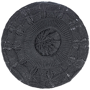 BYOS Chic Parisian Style Soft Lightweight Crochet Cutout Knit Beret Beanie Hat (2-Pack Wavy Stripes Charcoal Gray & Black)