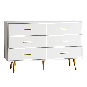 JOZZBY Dresser for Bedroom with 6 Drawers, Wooden White Dresser with Golden Handles, Modern Chests of Drawer Storage Organizer for Hallway, Entryway