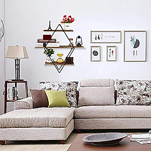 Homode Floating Shelves, Rustic Wood Geometric Wall Shelf, 3 Tier Diamond Metal Storage Shelves for Bedroom, Bathroom, Living Room, Kitchen, Office, Black and Brown