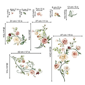 wondever Rose Vine Flower Wall Stickers Watercolor Garden Floral Peel and Stick Wall Art Decals for Bedroom Living Room TV Wall