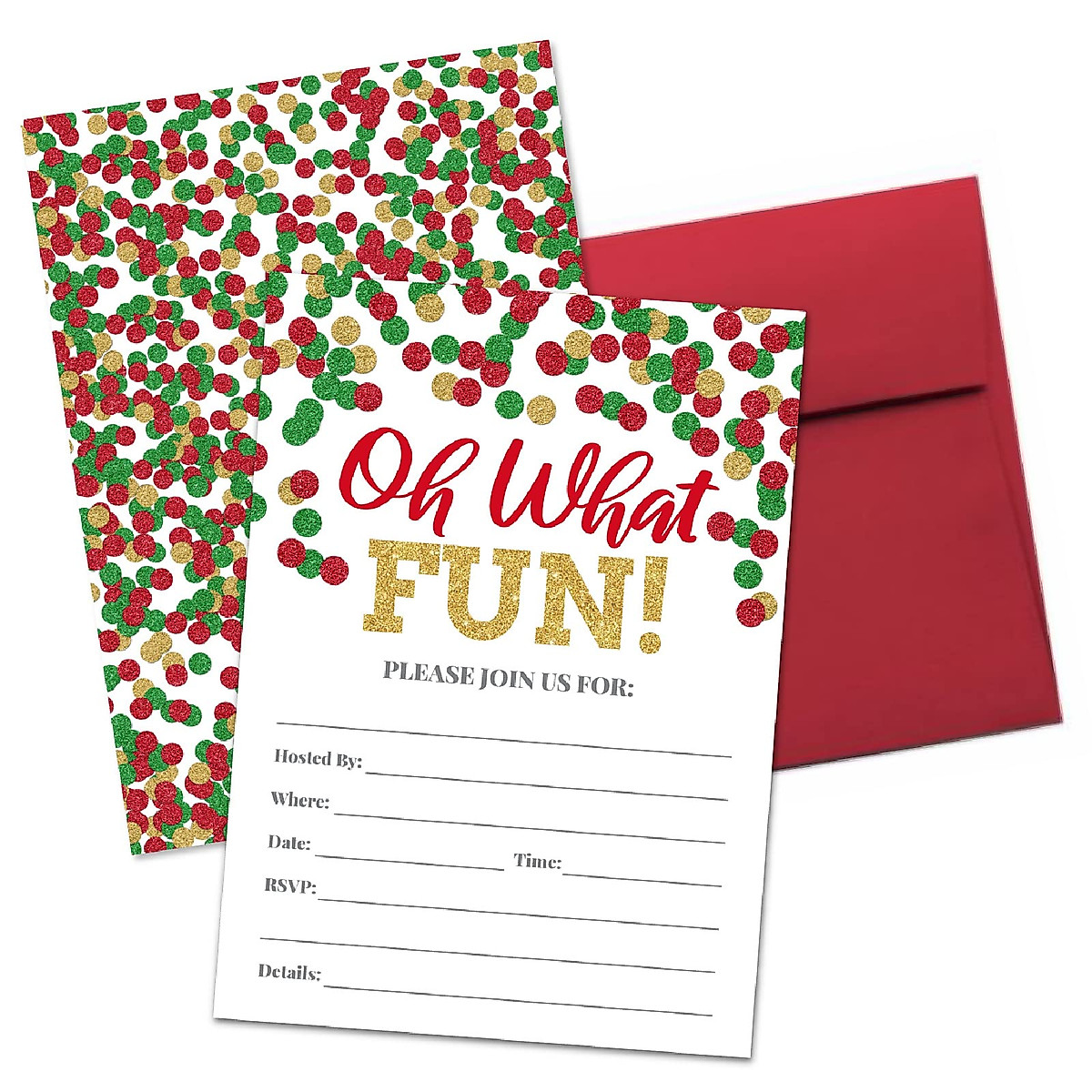 20 Holiday Party Invitations Oh What Fun with Red, Green and Gold Dots, (NOT real glitter) Christmas Eve, Office, Church, Bridal or Baby Shower, Friend, Family or Neighbor Season Events