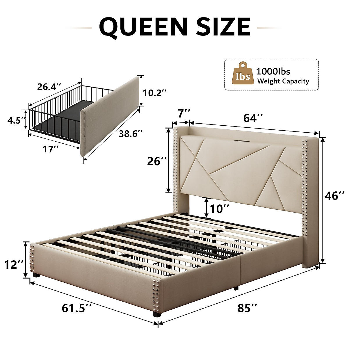 iPormis Queen Storage Bed Frame with 4 Drawers, Upholstered Bed Frame with Minimalist Wingback Headboard and Charging Station, No Box Spring Needed, Beige