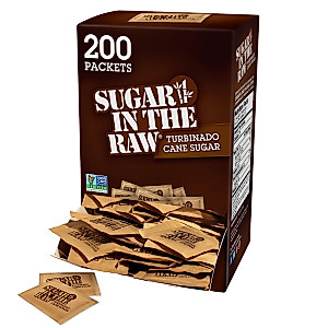 Sugar In The Raw Turbinado Cane Sugar Packets, 200 Count, Natural Sweetener for Drinks and Baking, Vegan, Gluten-Free, Non-GMO