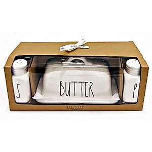 Rae Dunn by Magenta BUTTER Dish with S-Salt and P-Pepper shaker 3 Item Boxed Set