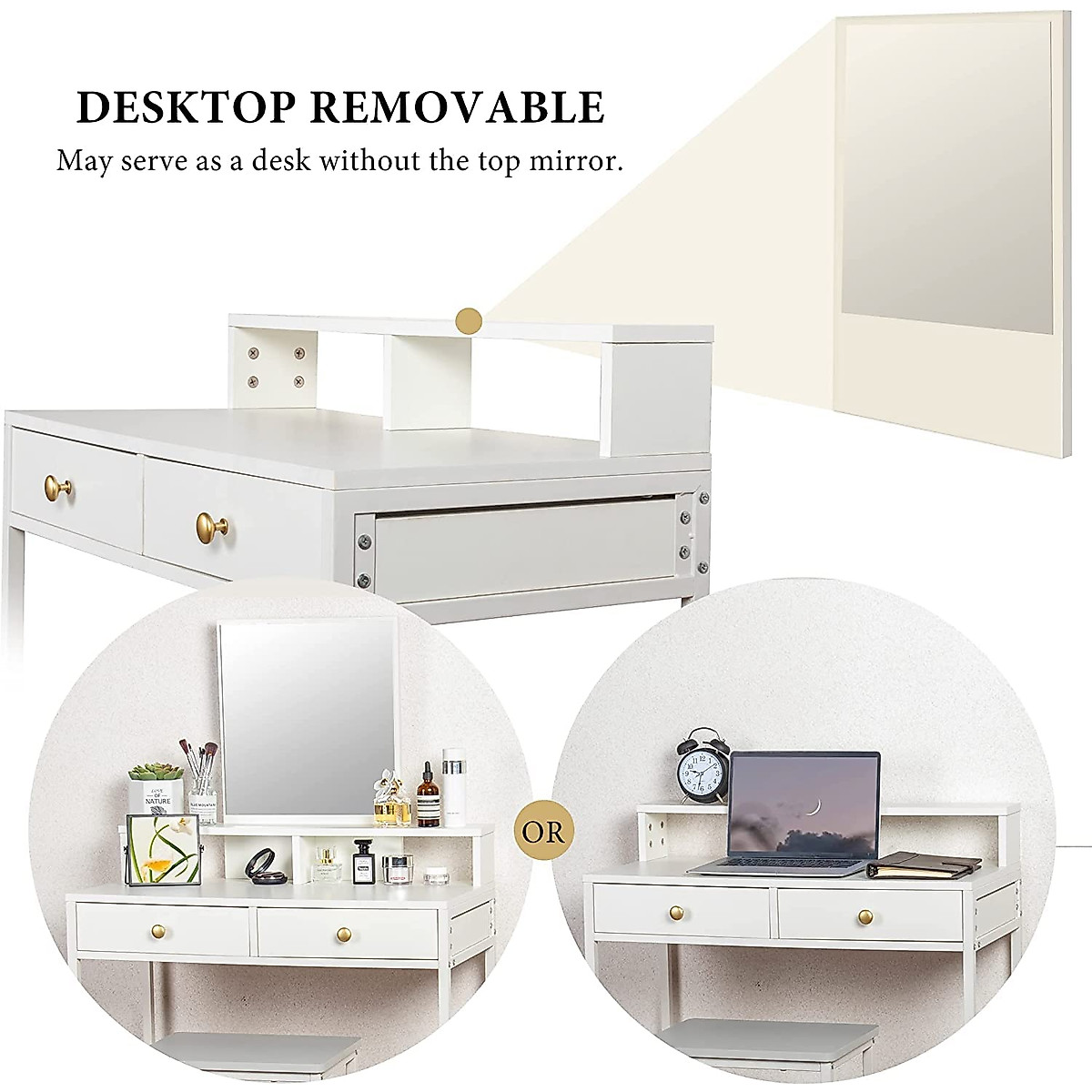 LAVIEVERT Vanity Set with Detachable Mirror, Makeup Vanity Dressing Table for Bedroom, Dresser Desk Writing Desk with Stool, 2 Drawers & Storage Shelves for Women Girls - White