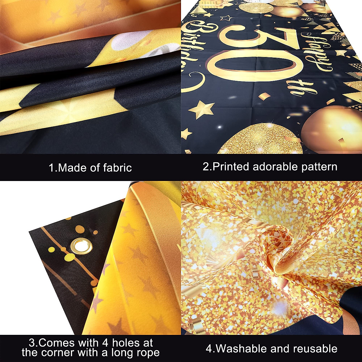 KatchOn, Happy 30th Birthday Backdrop - Large, 72x44 Inch | Black and Gold 30th Birthday Decorations | Happy 30th Birthday Banner for 30th Birthday Party Men, Women