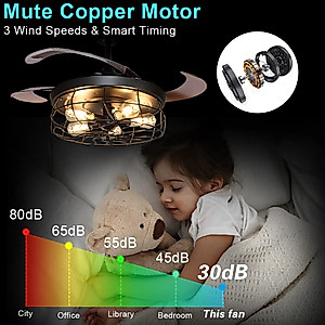 DLLT Ceiling Fan with Lights-42 Industrial Ceiling Fan with Retractable Blades, Vintage Cage Ceiling Light Fixture with Remote for Dining Room, Living Room, 5 E26 Bulbs Not Included, Black