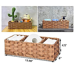 3 Section Toilet Paper Tray Basket, Toilet Tank Waterproof Storage Baskets, Rustic Farmhouse Bathroom Decor, Organizer for Bathroom, Wicker Organizer for Bathroom Home Washroom (Light Brown)