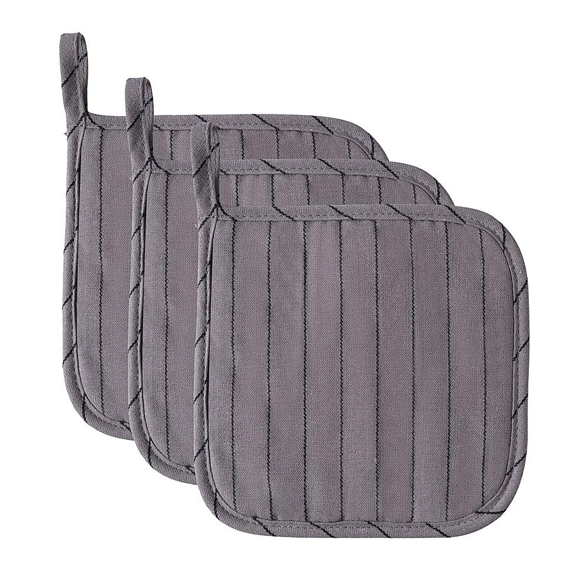 100% Cotton Kitchen Everyday Basic Pot Holder Heat Resistant Coaster Potholder for Cooking and Baking 7 x 7-Inch Set of 3 (Dark Grey Stripe)