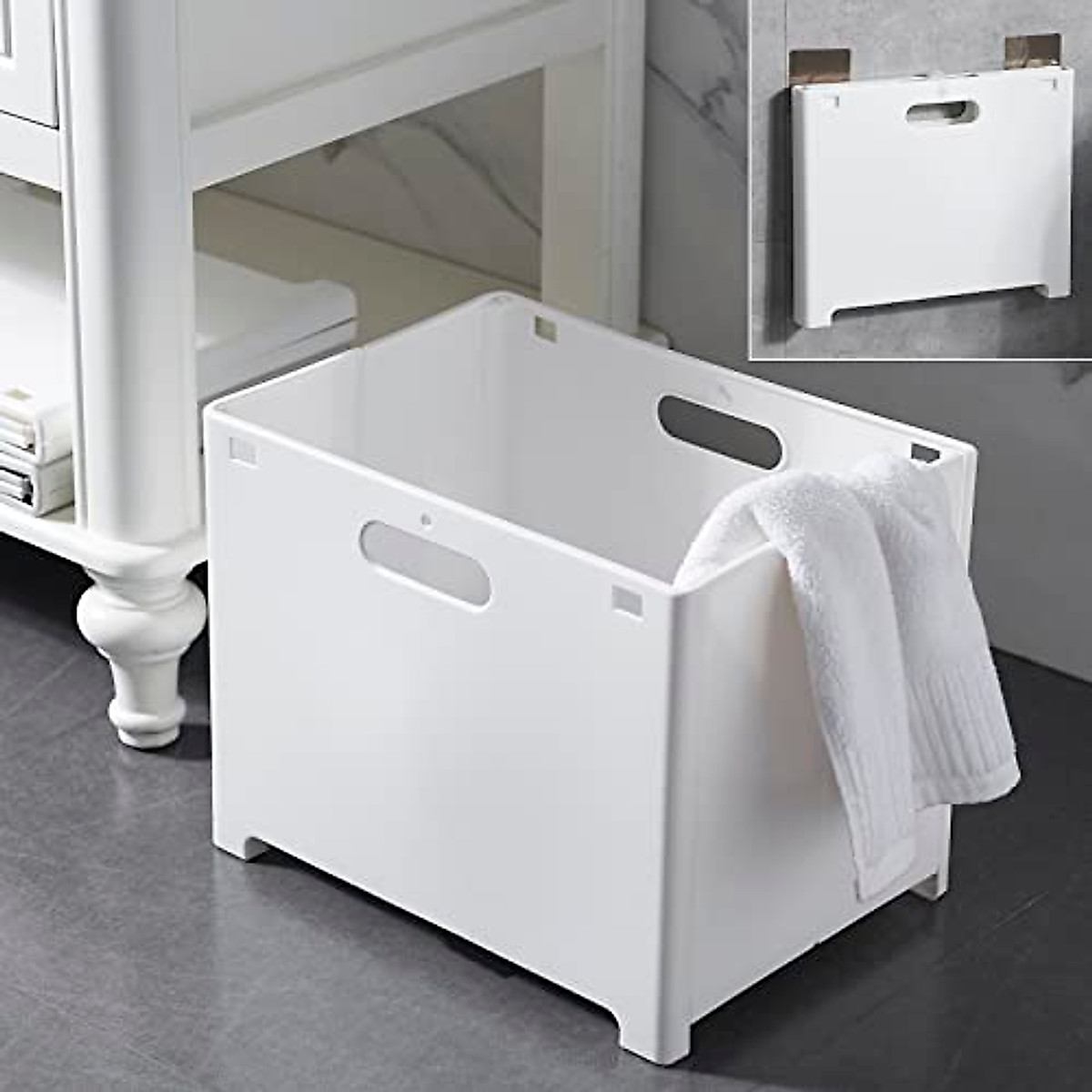 Alacati - Collapsible Laundry Baskets With Handles - Foldable Plastic Laundry Hamper Wall Mount - White Portable Dirty Clothes Baskets Square - Space Saving Flexible Bathroom Storage Organizer Bin