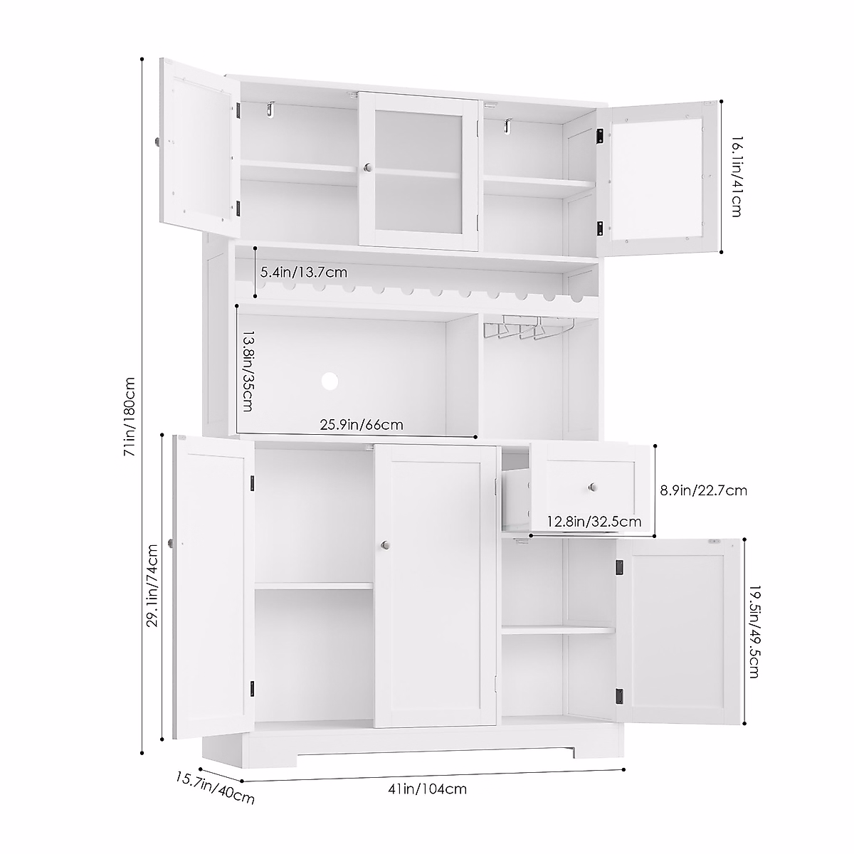 BOTLOG 71" Kitchen Pantry Cabinet, Kitchen Hutch with Microwave Stand, Buffet Cabinet with Hutch, Drawers, Large Countertop for Dining Room, Home Bar (41" W, White)