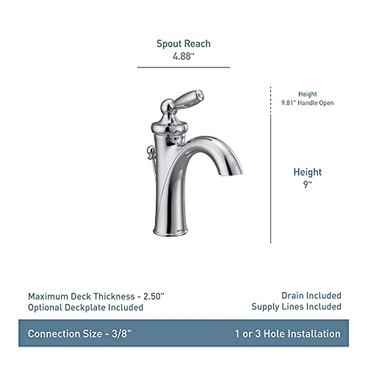 Moen Brantford Brushed Nickel One-Handle Traditional Low-Arc Bathroom Faucet with Optional Deckplate and Available Vessel Sink Extension Kit, 6600BN