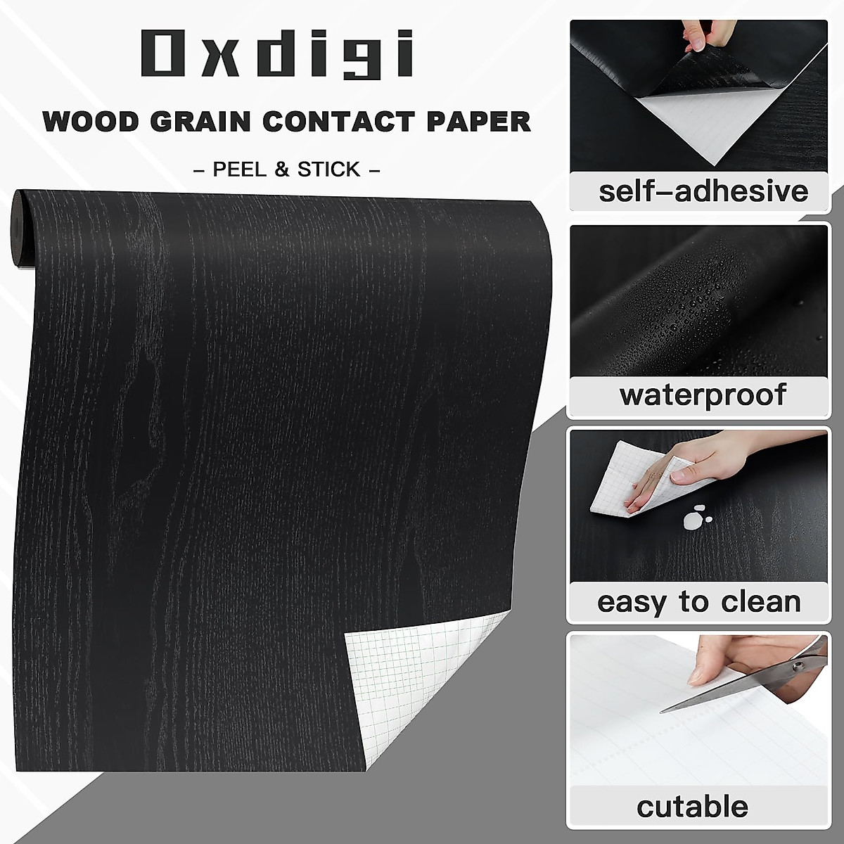 Oxdigi Black Wood Contact Paper - 23.6 x 196 Inches - Self-Adhesive, Removable and Waterproof - Ideal Peel and Stick Wallpaper for Cabinet, Countertop, Desktop, Rental Property, Kitchen