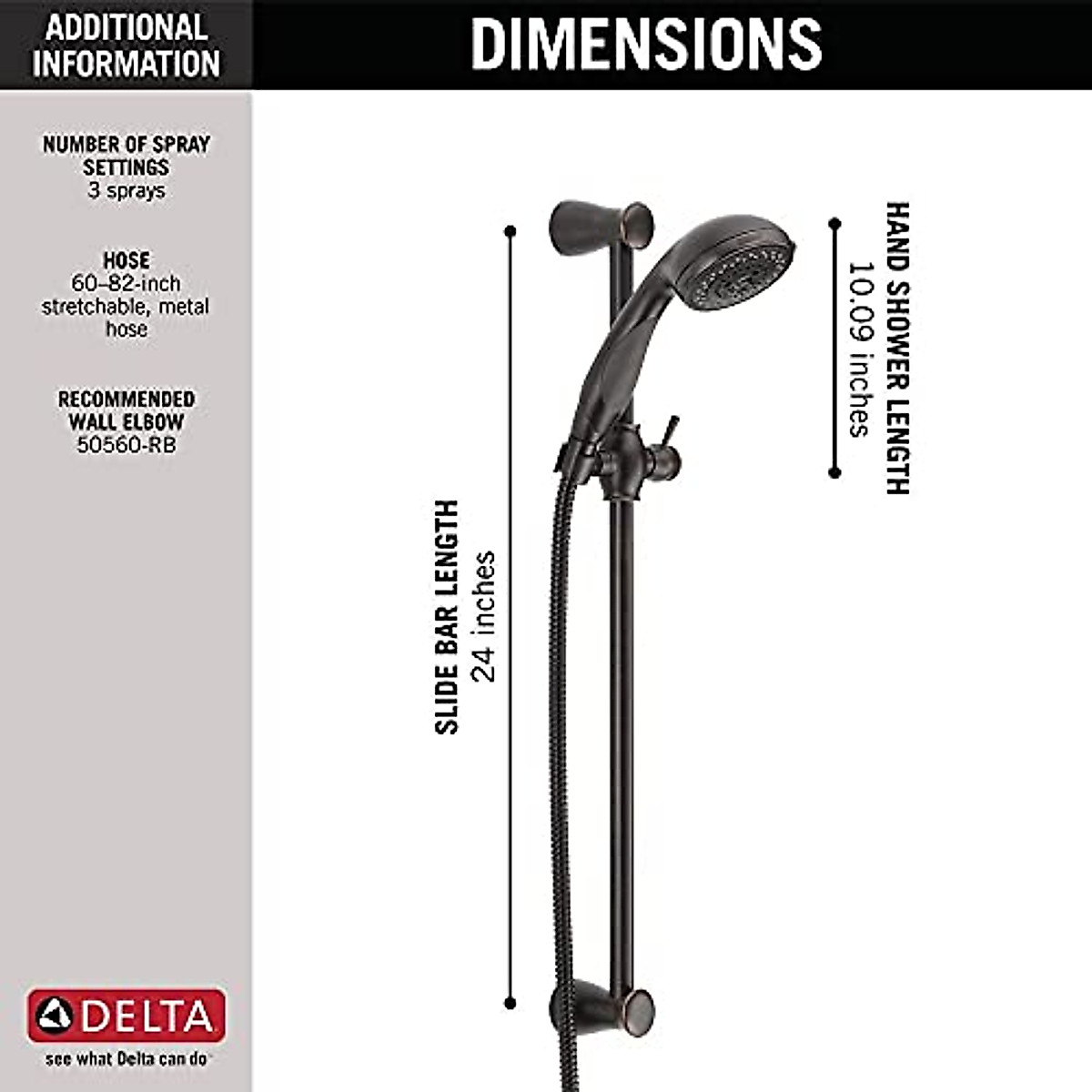 Delta Faucet 3-Spray Slide Bar Hand Held Shower with Hose, Oil Rubbed Bronze Handheld Shower Head, Slide Bar Hand Shower, Handheld Shower, Detachable Shower Head, Venetian Bronze 57014-RB, 0.5