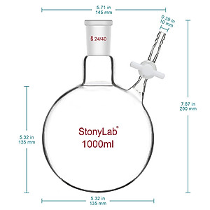 stonylab Reaction Flask, Borosilicate Glass Single-Neck Reaction Flask with 24/40 Joint and PTFE Stopcock Valve Round Bottom Flask, 1000 ml