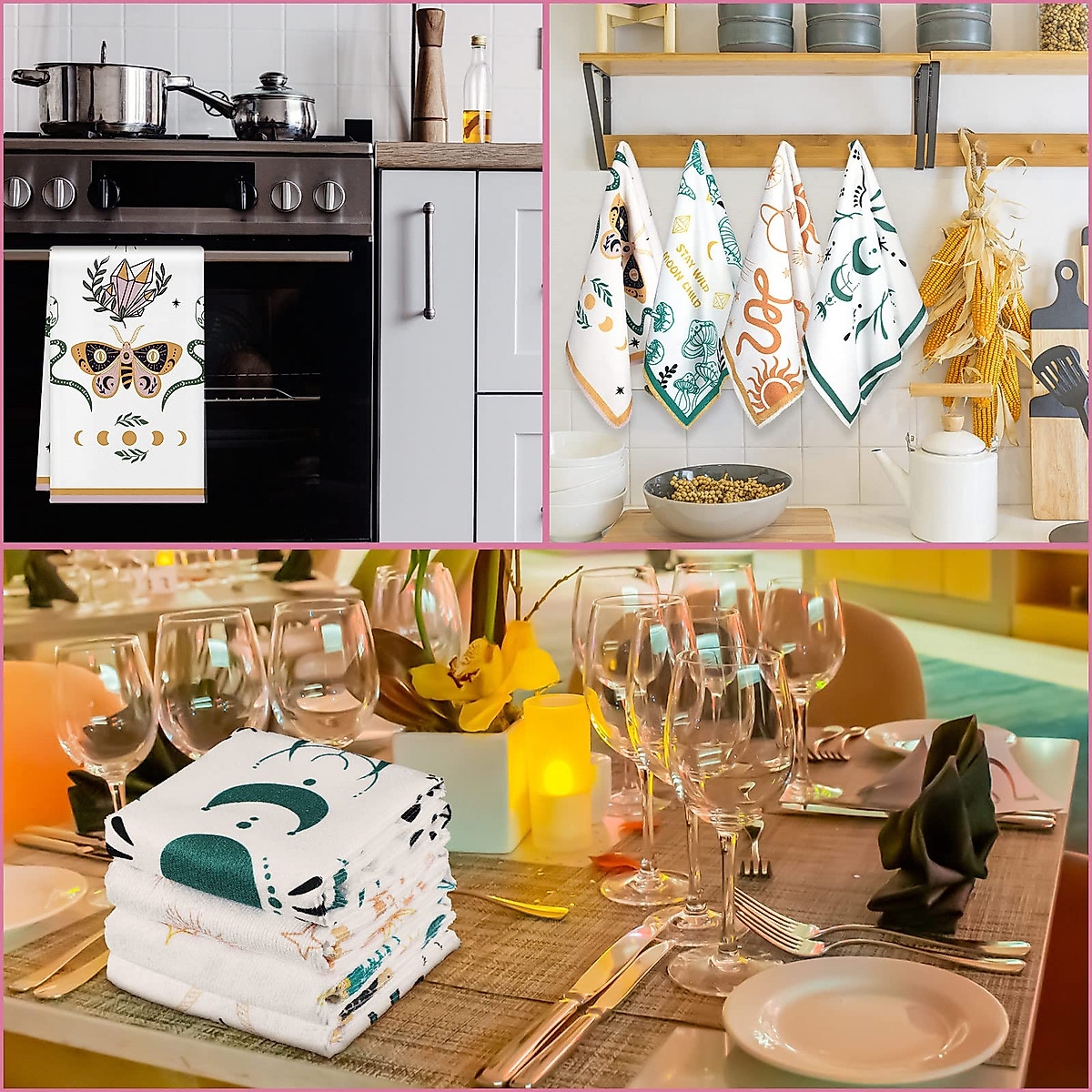 Kinlop 4 Pieces Kitchen Towels Gift Star Mushroom Moon Boho Witchy Cute Dish Towels Ultra Absorbent Drying Cloth Tea Towels Kitchen Hand Towels Farmhouse Soft Dishcloths Coffee Tea Bar Hand Towels