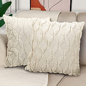 Henzxi Set of 2 Throw Pillow Covers 18x18 Inches Farmhouse Decorative, Square Boho Cushion Case with Faux Velvet Soft Plush Short Wool, Beige