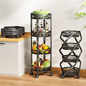 Collapsible Rolling Cart, 4-Tier Metal Storage Utility Cart for Kitchen Home Office Outdoor, Black