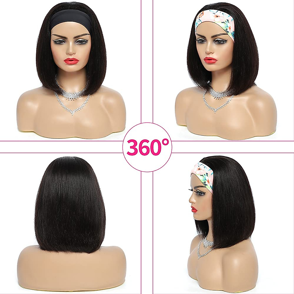 GABRIELLE 8 Inch Bob Headband Wig for Black Women, 150% Density, Human Hair, Glueless, Straight, 1 Count (Pack of 1), Women's Accessories, Black Women, Wig Users