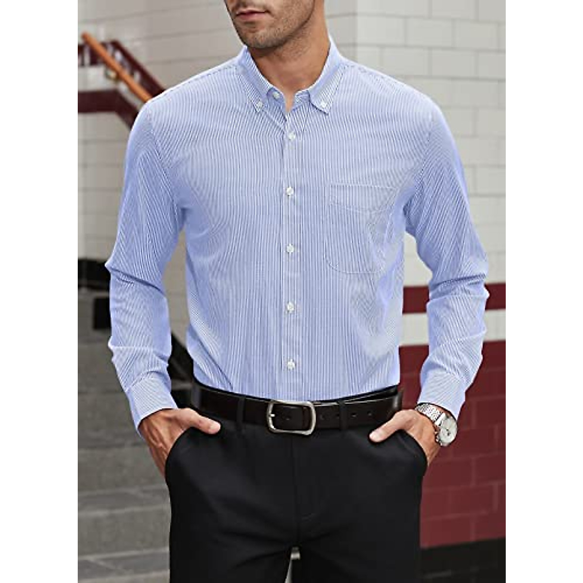 JMIERR Mens Slim Fit Casual Button Down Dress Shirts Pinpoint Stripe Long Sleeve Fall Shirt US 43(L),Blue