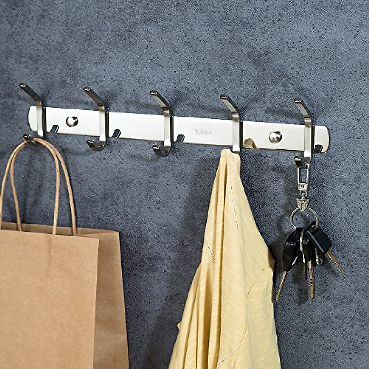 YISMAN Coat Rack Wall Mounted Stainless Steel Clothes Hanger with 6 Double Dual Hooks, Use for Towel Hat Purse Clothes Jacket Backpack (Set of 2)