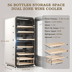 UNTOMAX 56 Bottles Wine Fridge Retro Dual Zone Wine Cooler Refrigerator, 41F-72F Freestanding Wine Cellar for Red/White/Champagne, Temperature Memory Quiet Compressor for Kitchen/Office, Off White