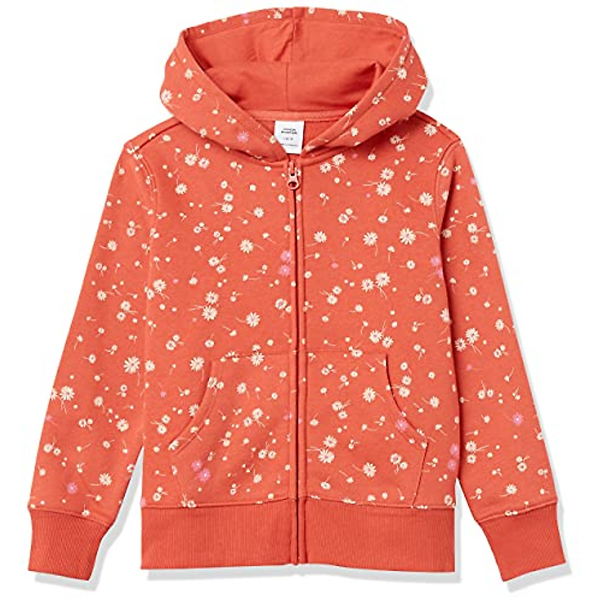 Amazon Essentials Girls' Fleece Zip-Up Hoodie Sweatshirt, Orange Floral, Small