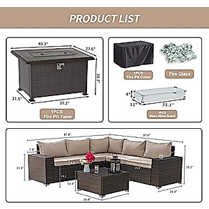 Kullavik 7 Pieces Outdoor Patio Furniture Set with 43" 55000BTU Gas Propane Fire Pit Table PE Wicker Rattan Sectional Sofa Patio Conversation Sets,Khaki