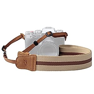 Beige Striped Camera Strap - Double Layer top-grain Cowhide Ends,1.5"Wide Pure Cotton Woven Camera Strap,Adjustable Universal Neck & Shoulder Strap for All DSLR Cameras,Great Gift for Photographers