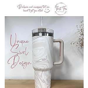 Thirst Trap Drinkware 40 OZ Swirl Tumbler with handle, 2.0 lid and straw, stainless steel travel mug for cold & warm drinks (Rose Quartz Swirl)