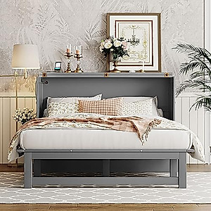 Harper & Bright Designs Queen Size Murphy Bed, Queen Murphy Cabinet Bed with USB Port and Removable Shelves on Each Side, Gray