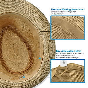 Straw Fedora Hat Short Brim Packable Roll Up Trilby Hat Classic Adjustable Panama Summer Beach Sun Hat UPF 50+ (L/XL, Brown)