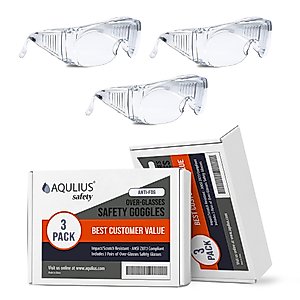 Aqulius 3 Bulk Pack Safety Glasses Over Eyeglasses (Anti-Fog & Scratch Resistant) Crystal Clear Eye Protection - OTG Safety Goggles