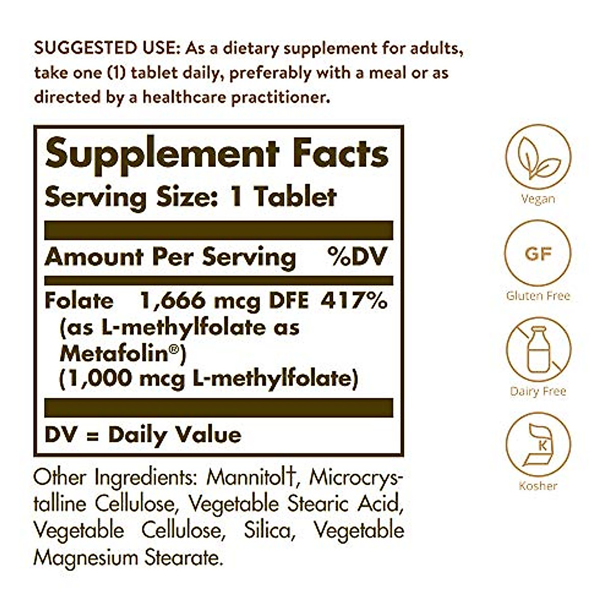 Solgar Folate 1000 mcg, 120 Tablets - 1000 mcg Bio-active Metafolin - Heart Health - Vegan, Gluten Free, Dairy Free, Kosher - 120 Servings