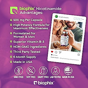 biophix B-3 Nicotinamide 500 mg 180 Caps - Nicotinic Amide Niacin Natural Flush-Free Vitamin Formula - Supports Skin Cell Health