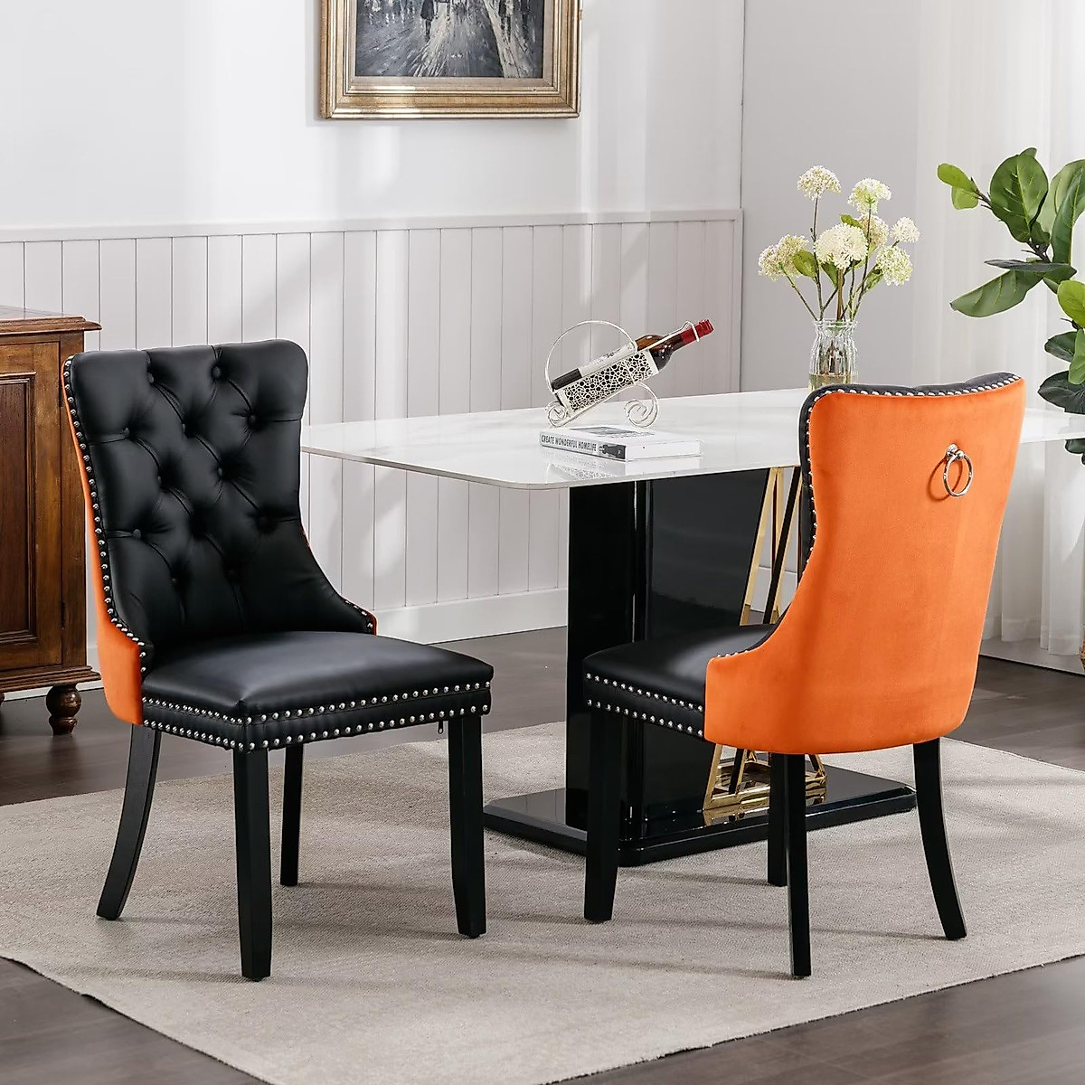 PU Leather Dining Chairs Set of 2, Upholstered Tufted Dining Room Chairs with Nailhead Trim, Ring Pull and Solid Wood Legs, Luxury Wingback Dining Chairs for Living Room Kitchen, Black+Orange